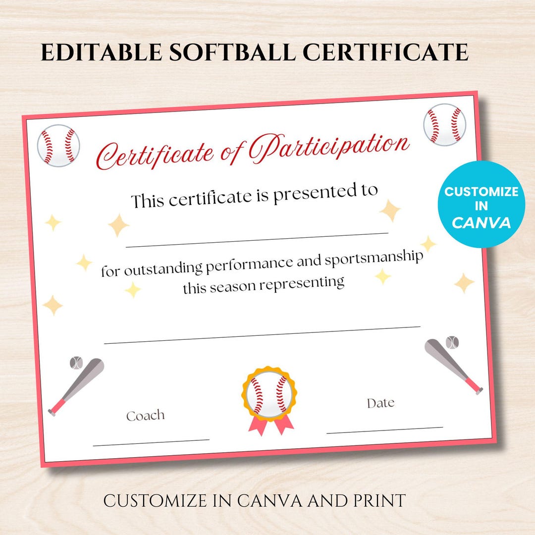 Editable Softball Certificate, End of Season Award, Certificate of ...