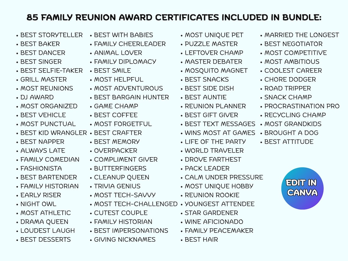 Editable Family Reunion Award Certificates, Reunion Games, Family ...