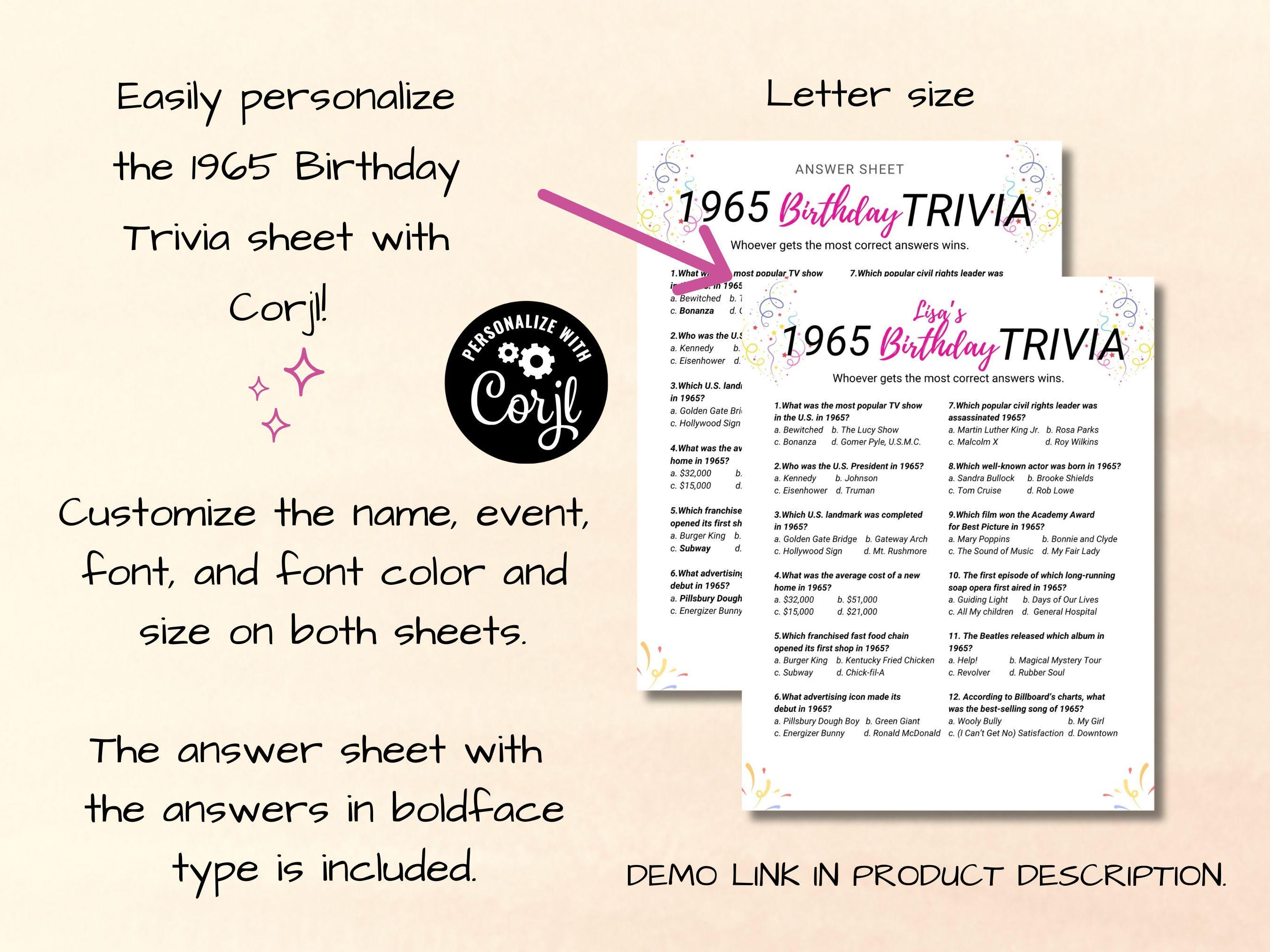 Editable 1965 Trivia Game, Adult Games, Year You Were Born, Birthday ...