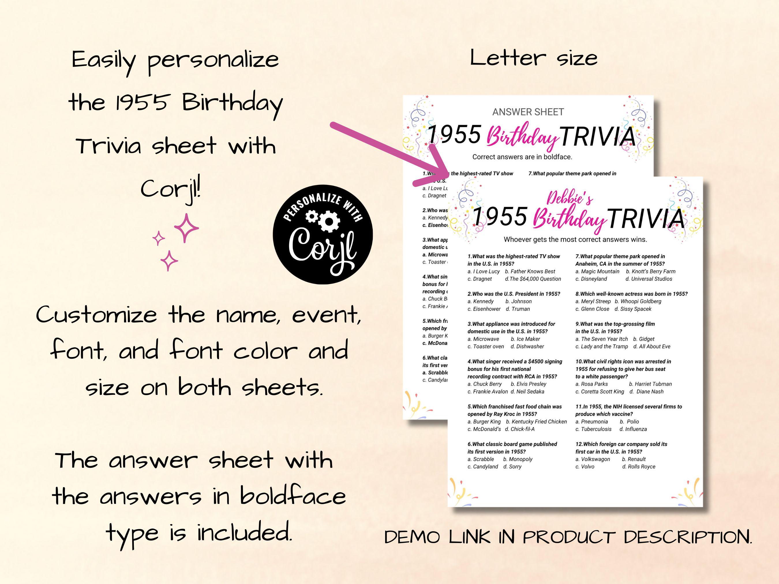 Editable 1955 Trivia Game, Adult Games, Year You Were Born, Birthday ...