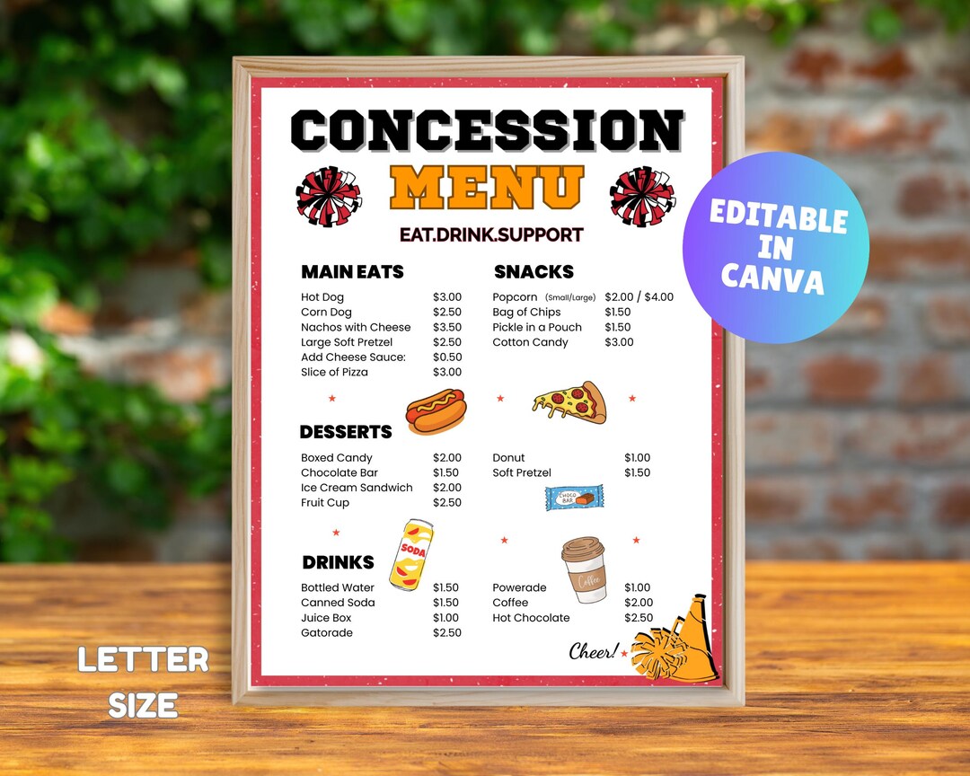 Editable Cheer Team Fundraiser Concession Menu Template, Sports Team ...