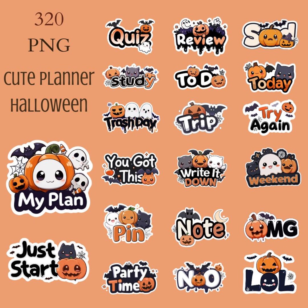 320 Cute Halloween Digital Planner Stickers, Kawaii Spooky Word ...