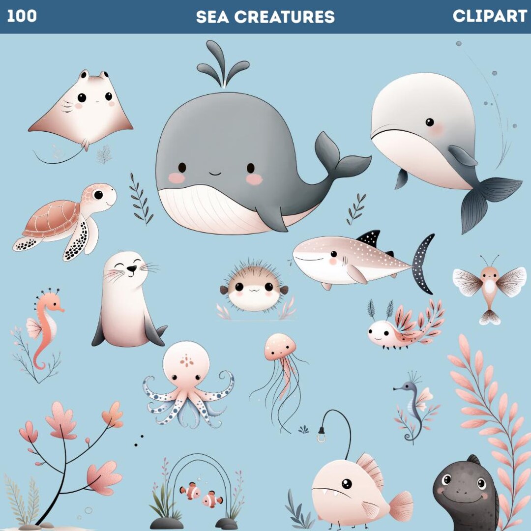 Kawaii Sea Creatures Clipart | 100 Cute Ocean Animal Pngs (digital ...