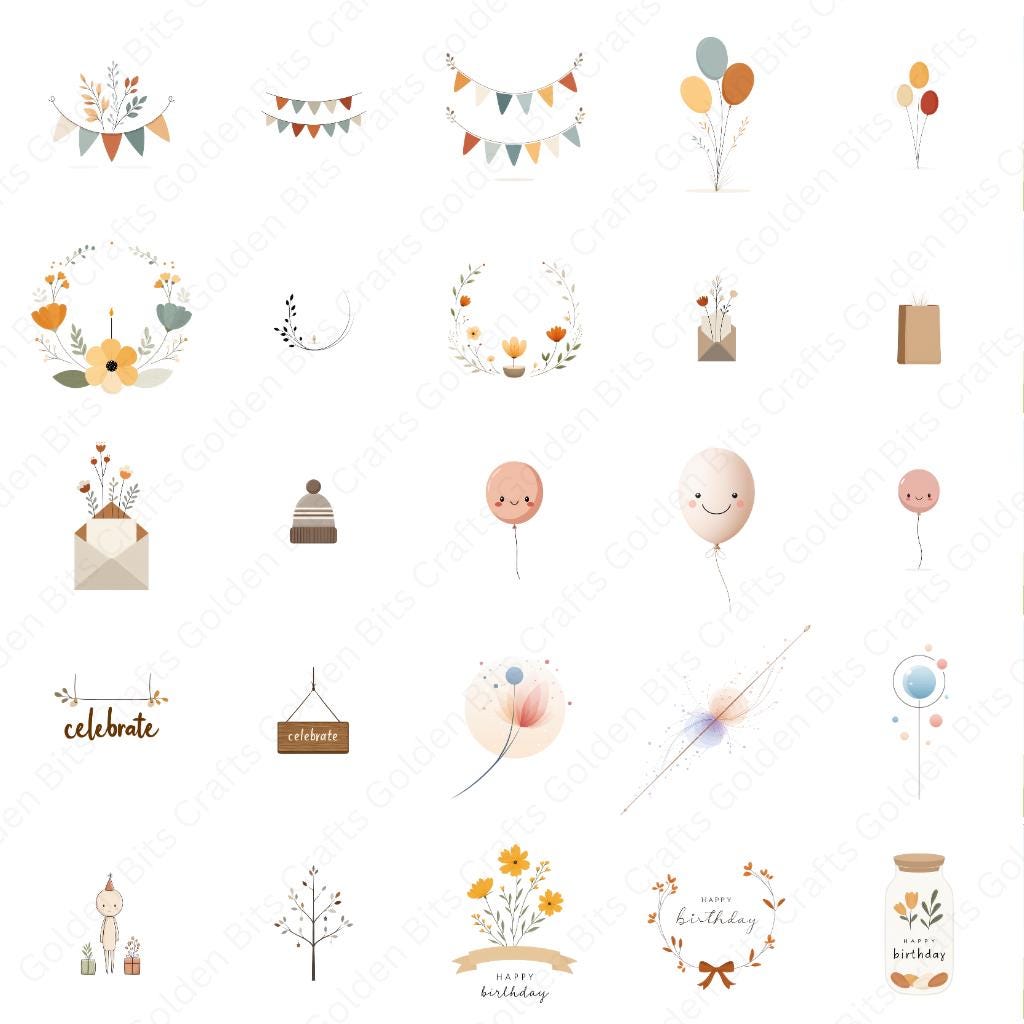 Cute Pastel Birthday Clipart Bundle | Party PNG Elements (250) - Etsy
