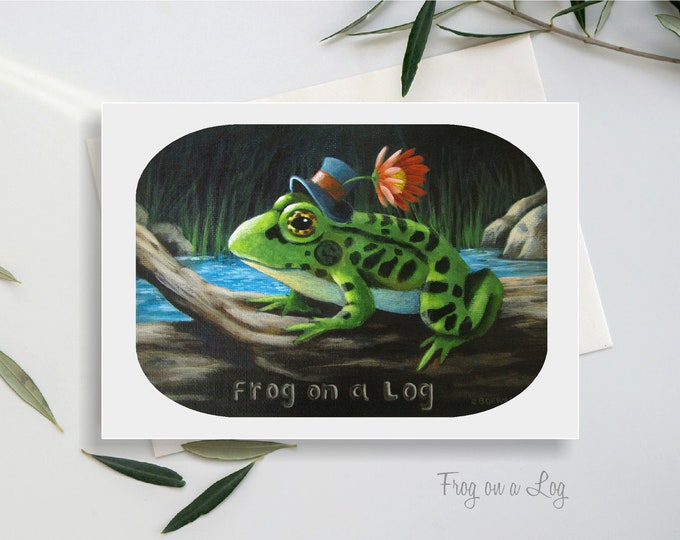 Blank Note Card 'frog on a Log' Green Frog Wearing - Etsy