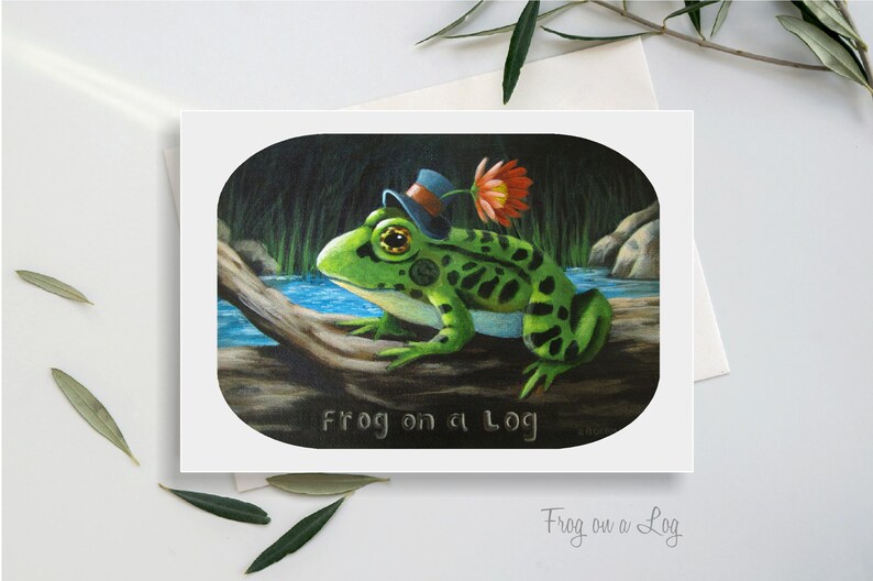 Blank Note Card 'frog on a Log' Green Frog Wearing - Etsy