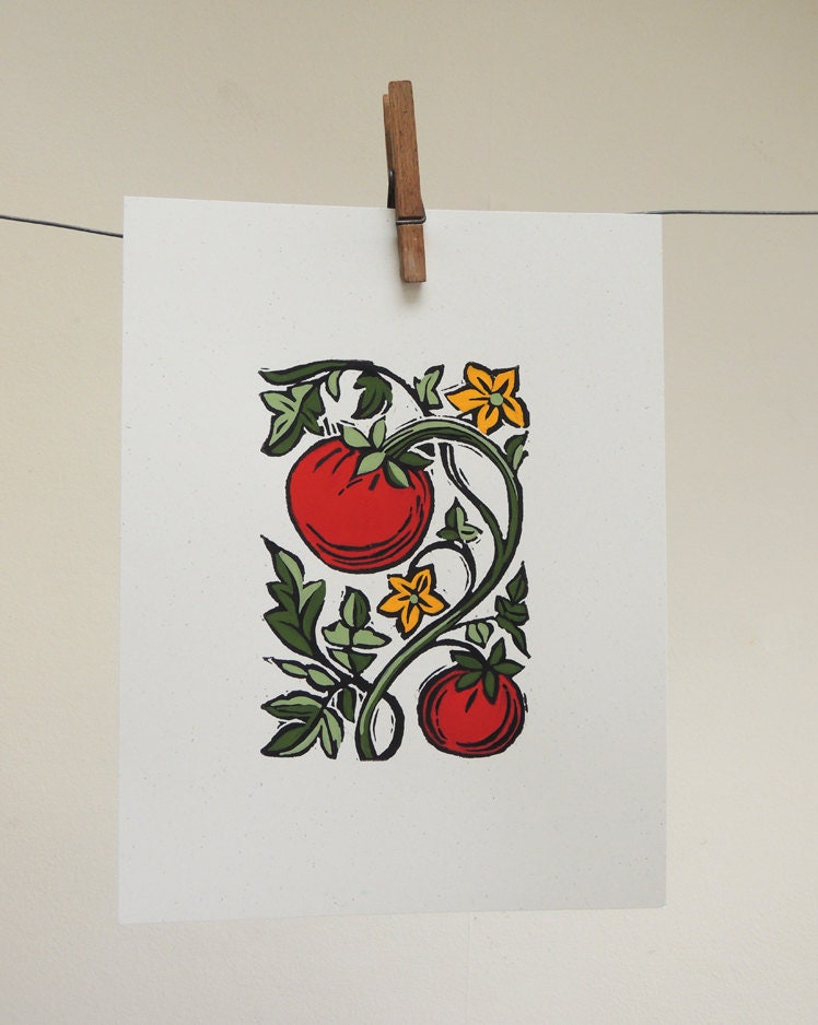 Tomato Block Print With Hand Painted Details Original Kitchen Gardening ...