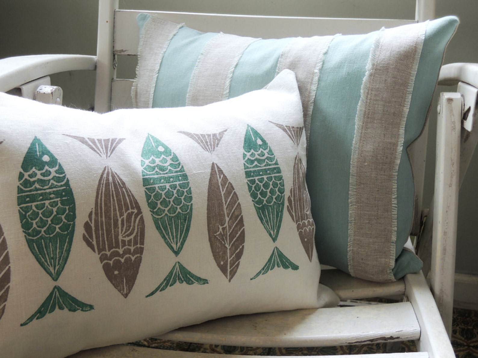 Aqua and Mixed Natural Gray Brown Linen Fringed Nautical Stripe Coastal ...