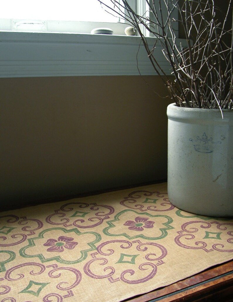 Tudor Rose Linen Table Runner Hand Block Printed Rustic Home | Etsy