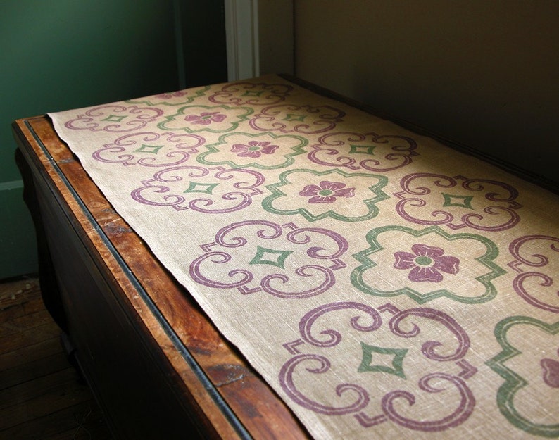 Tudor Rose Linen Table Runner Hand Block Printed Rustic Home | Etsy