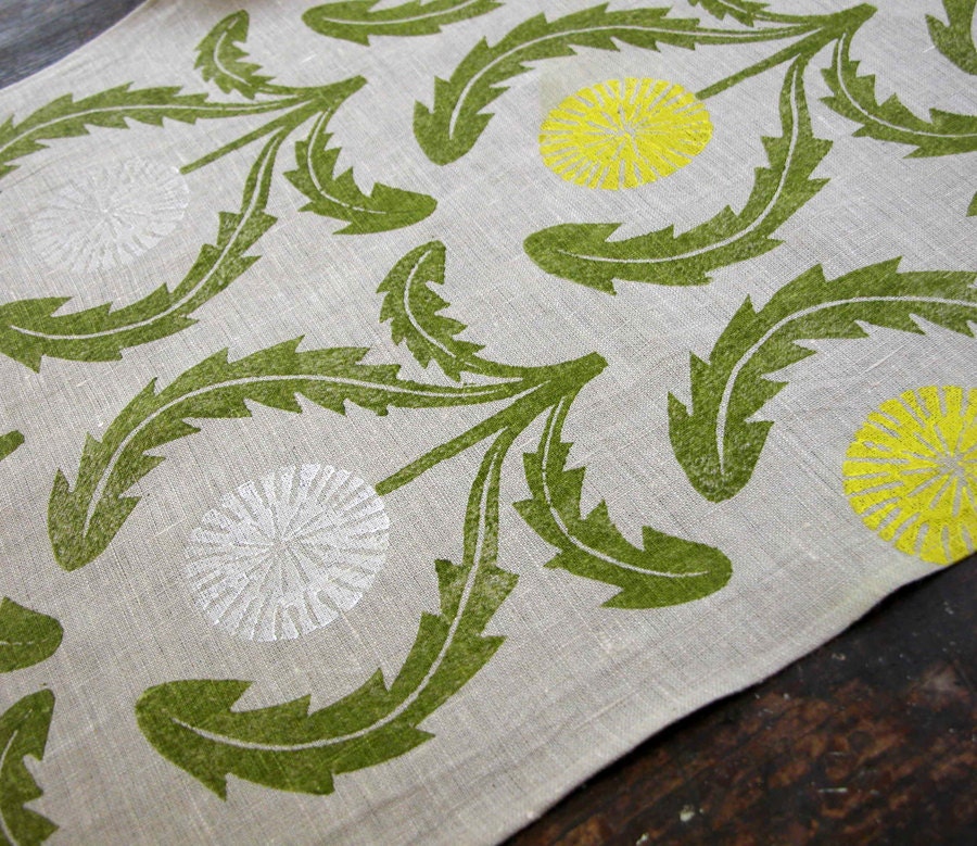 Hand block printed dandelion natural gray linen table runner | Etsy