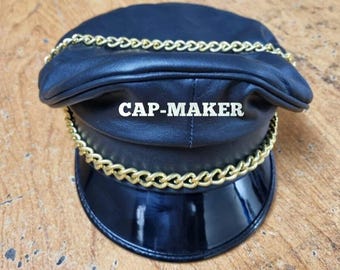 Finest Soft Real Leather Muir Cap Peaked Cap With Chain , Biker Cap ...