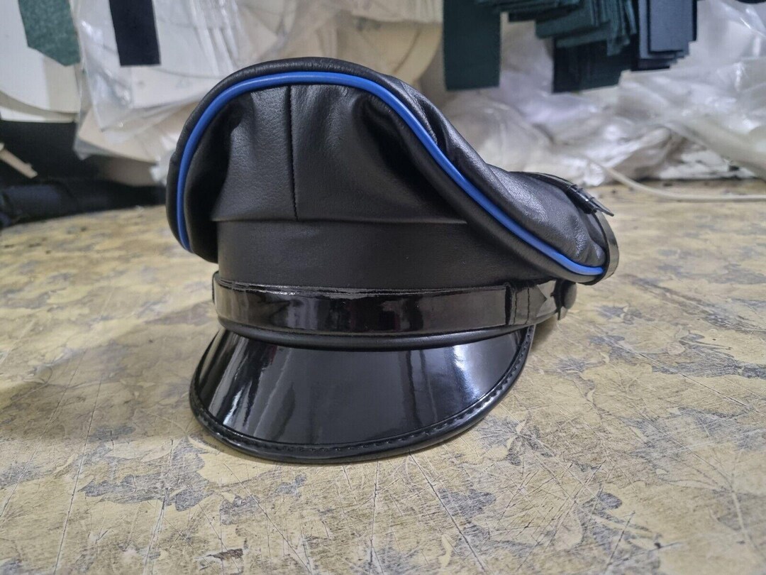 Genuine Leather Red Army Cap Real Leather Muir Biker Hat Peaked Police ...