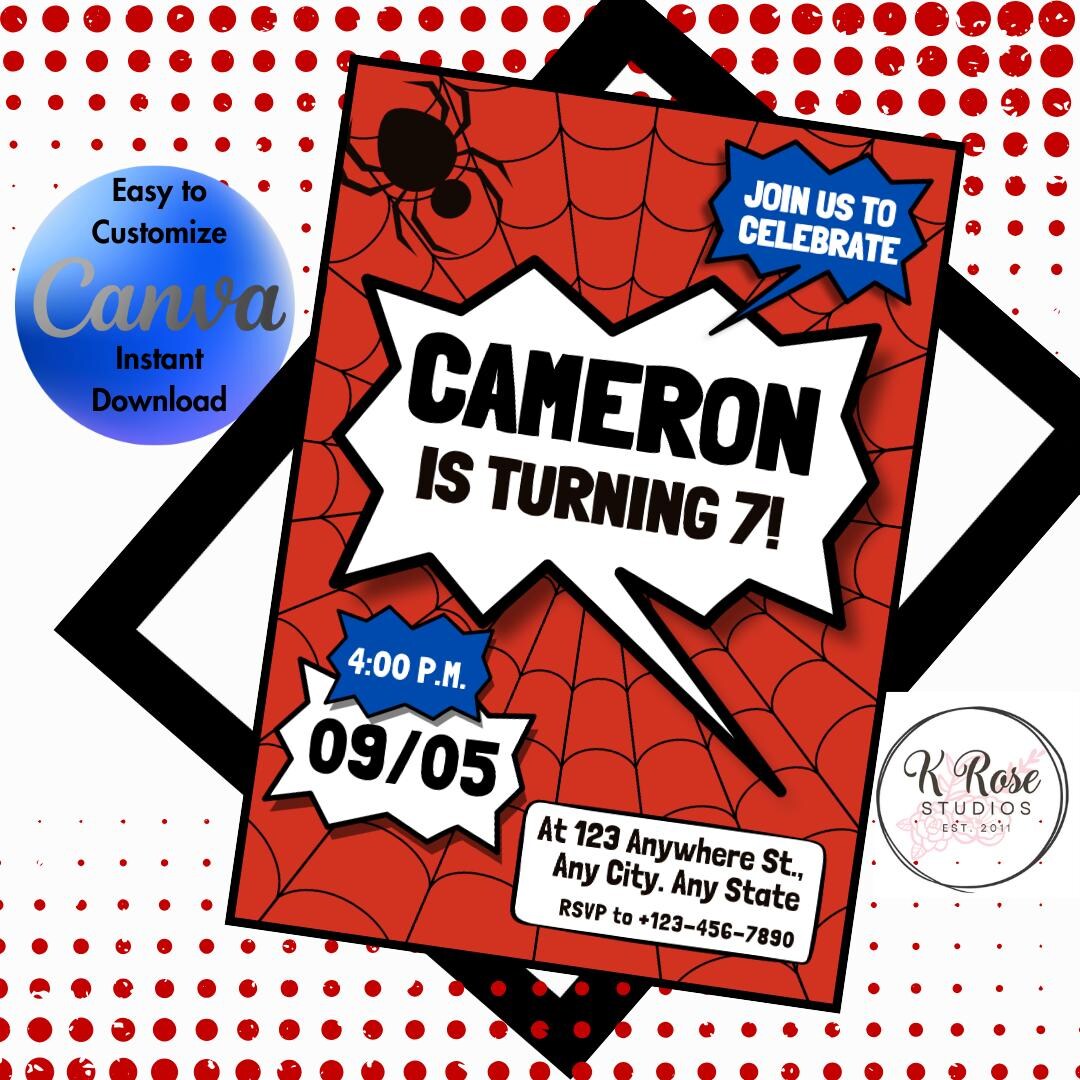 Editable Spiderman Comic Trampoline Invitation Marvel Spider Red Web ...