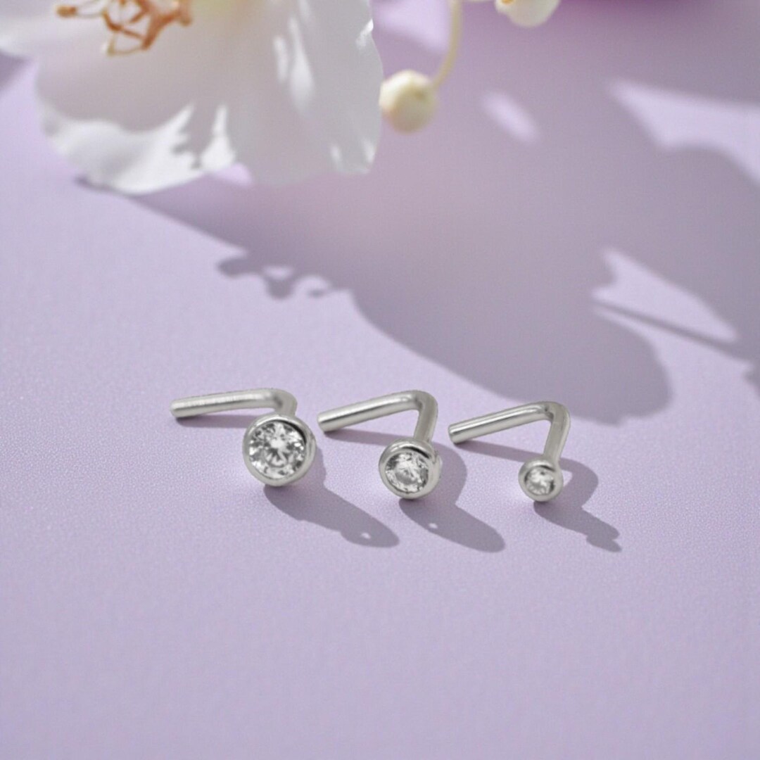 Set of 3 L-shape Crystal Nose Studs| 925 Sterling Silver Thin 22G Nose ...