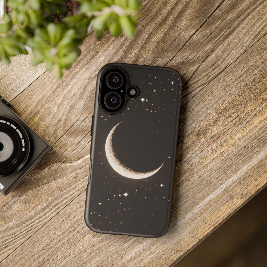 Phone Cases, Dark Minimalist Night Sky With Crescent Moon and Stars ...
