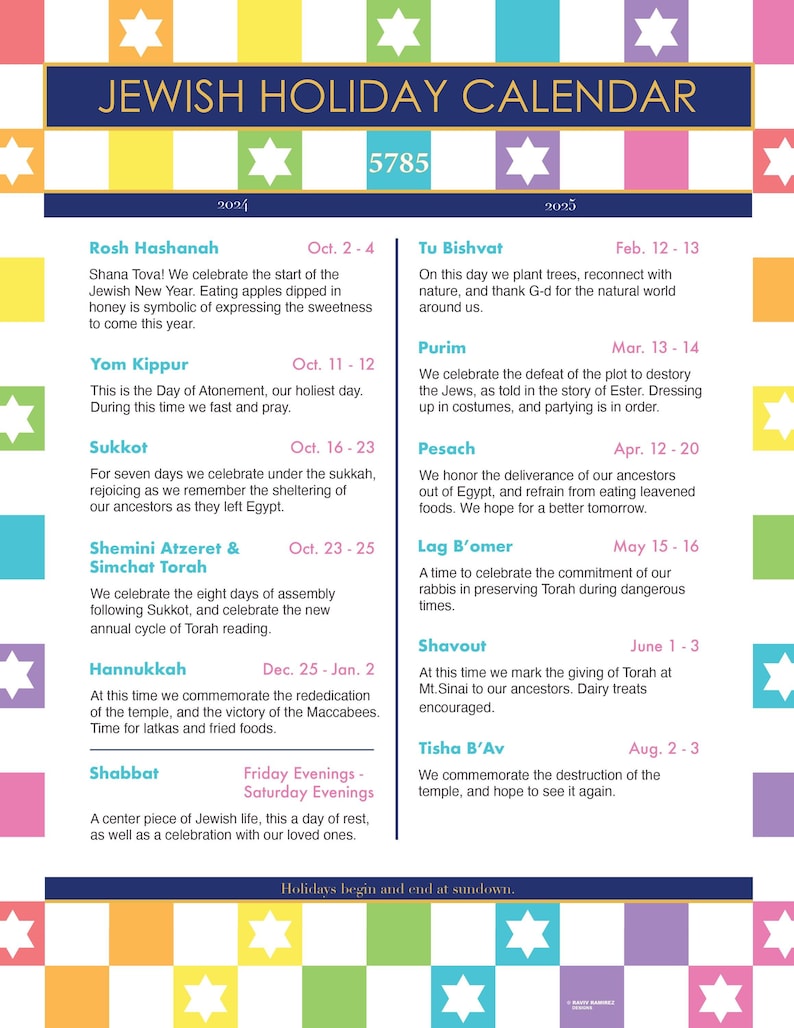 2024-2025 Jewish Holiday Calendar | Hebrew Year 5785 | Style: Keshet - Etsy