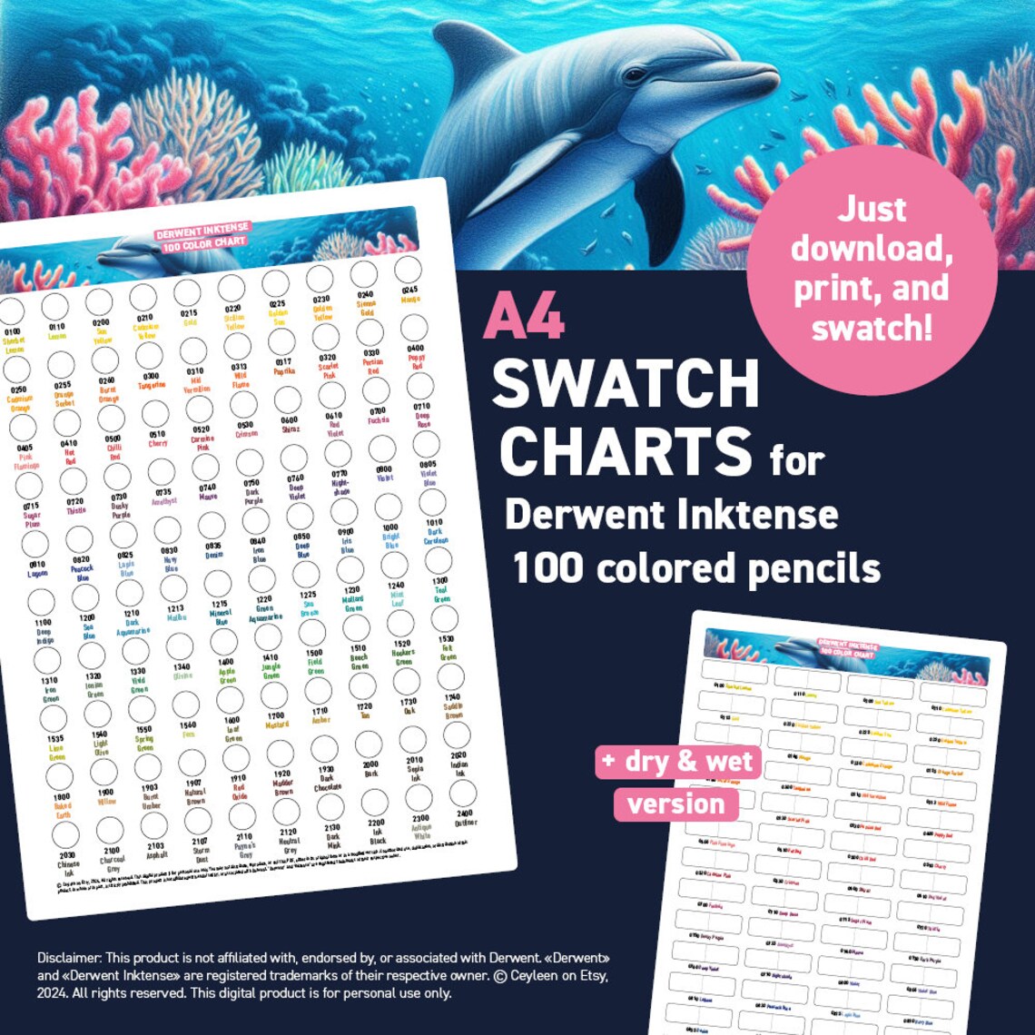 Derwent Inktense 100 Colored Pencils - A4 Classic Swatch Chart + A4 Dry ...