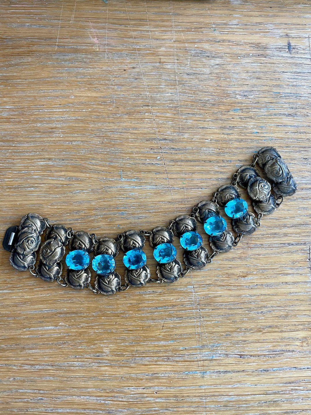Late Edwardian Early Art Deco Aqua Paste Brass Alloy Wide Bracelet - Etsy