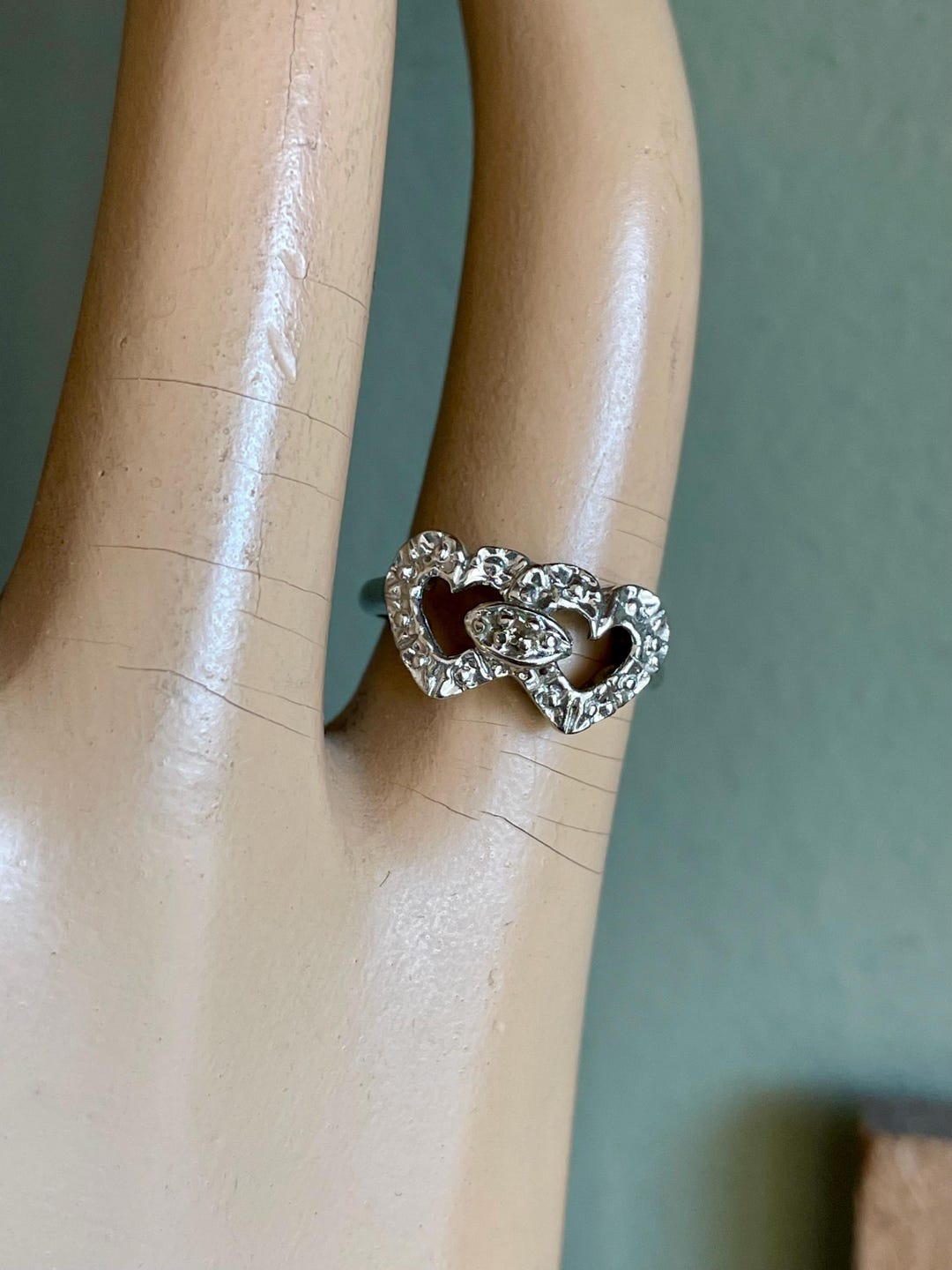 Mid Century 14K White Gold Double Heart Diamond Ring - Etsy