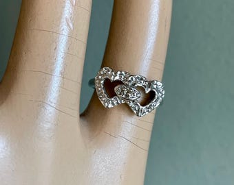 Vintage Solid 10k White Gold Diamond Double Heart Ring - Size 5 - Real ...