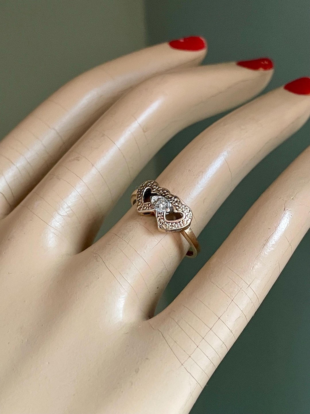 1940-1950's Retro 10K Yellow and White Gold Double Heart Sweetheart ...
