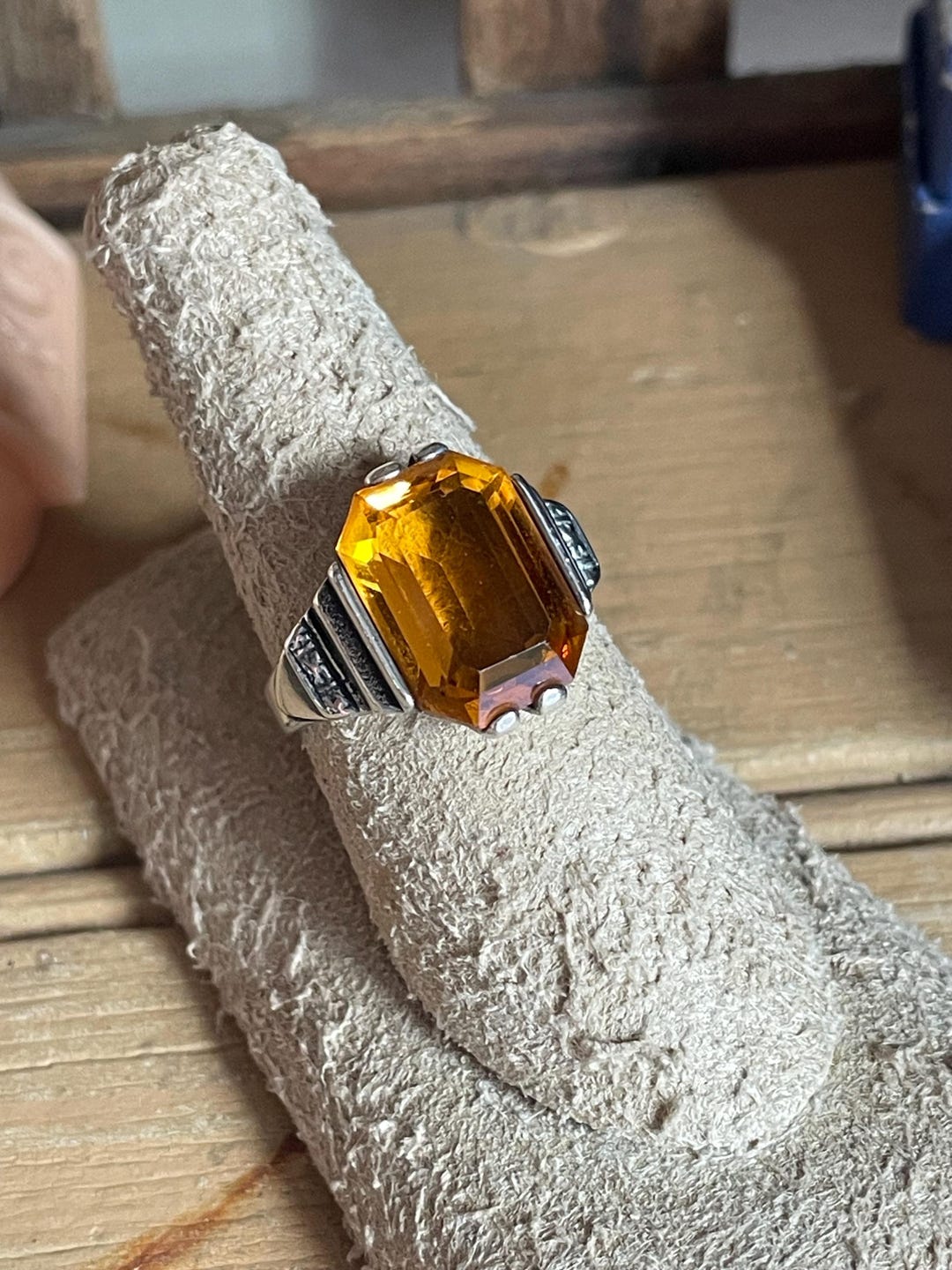Vintage Sterling Silver Citrine Glass Stone Ring With Engraved ...