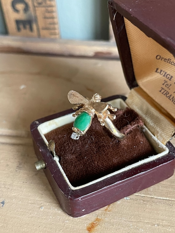 14K Yellow Gold Bee Ring with Jade Body and Diamond S… - Gem