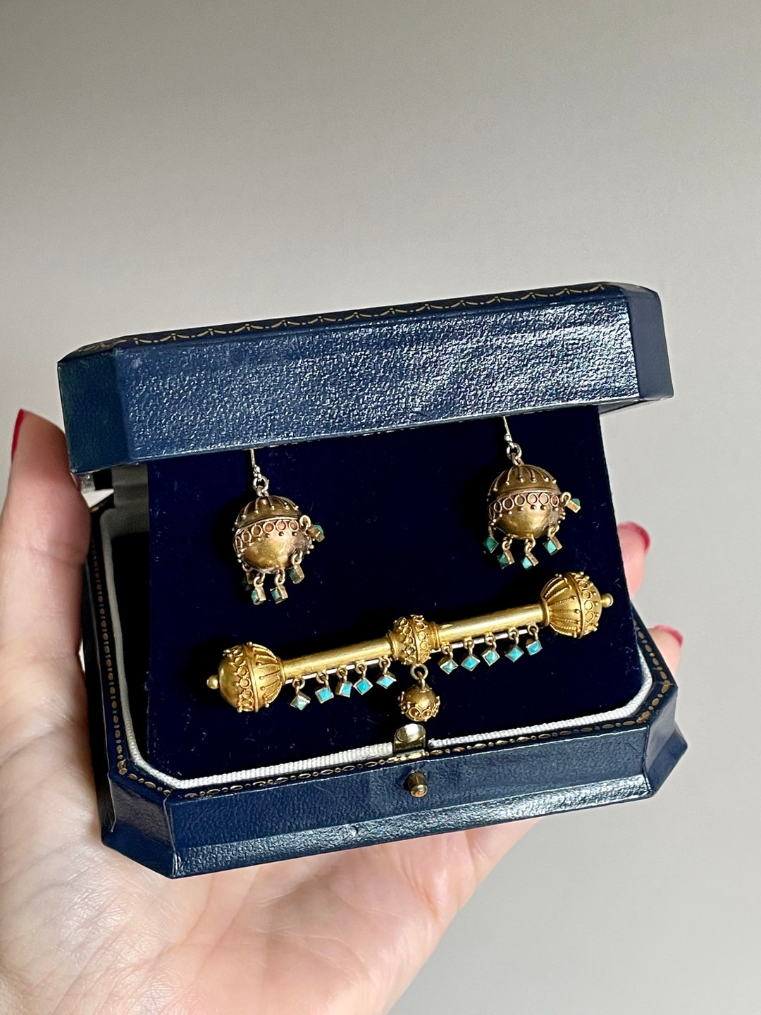 C1880 Demi Parure Victorian 14K Yellow Gold Turquoise Earrings and ...