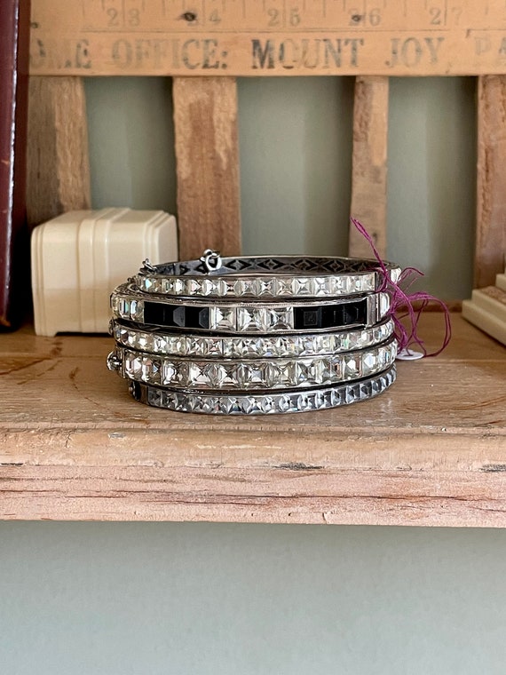 Deco Crystal Bracelet, Sterling, Channel Set, Hinged - Gem