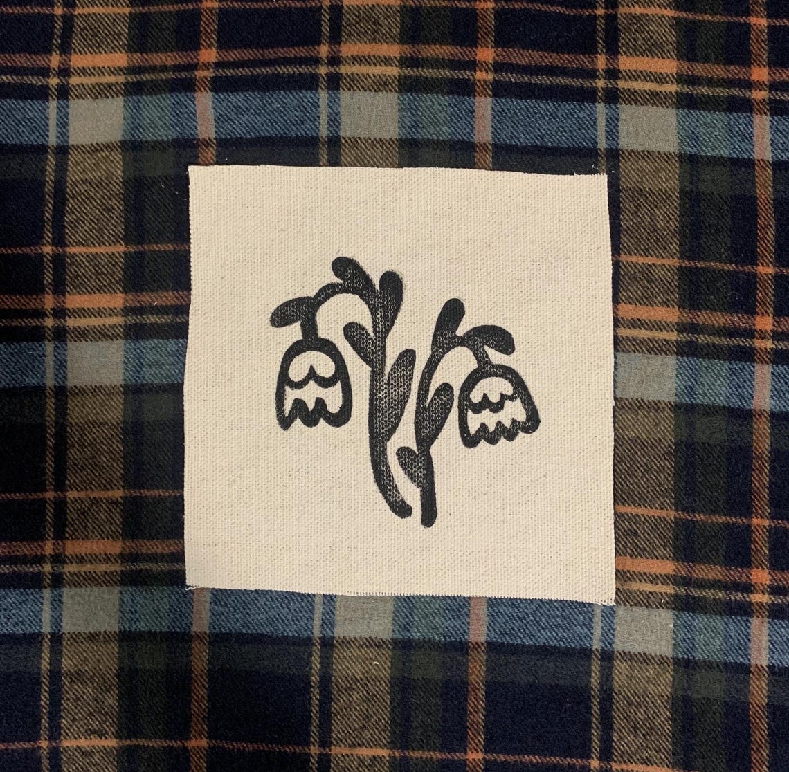 Linocut Wilting Flowers Sew on Fabric Patch, 5x5 Square Tan Canvas ...