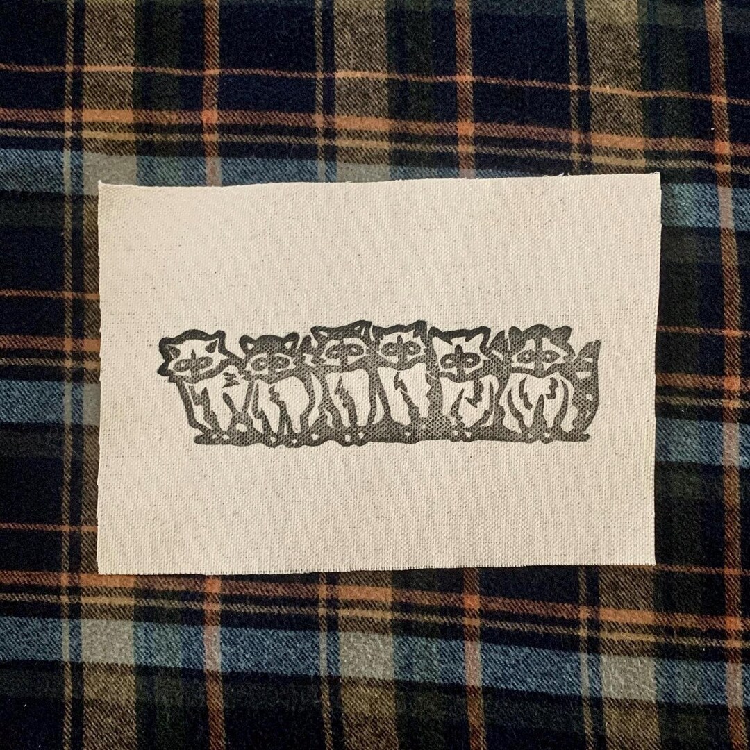 Linocut Raccoons Patch, Sew on Canvas Patches, 5x7 Medium, Midwest Emo ...