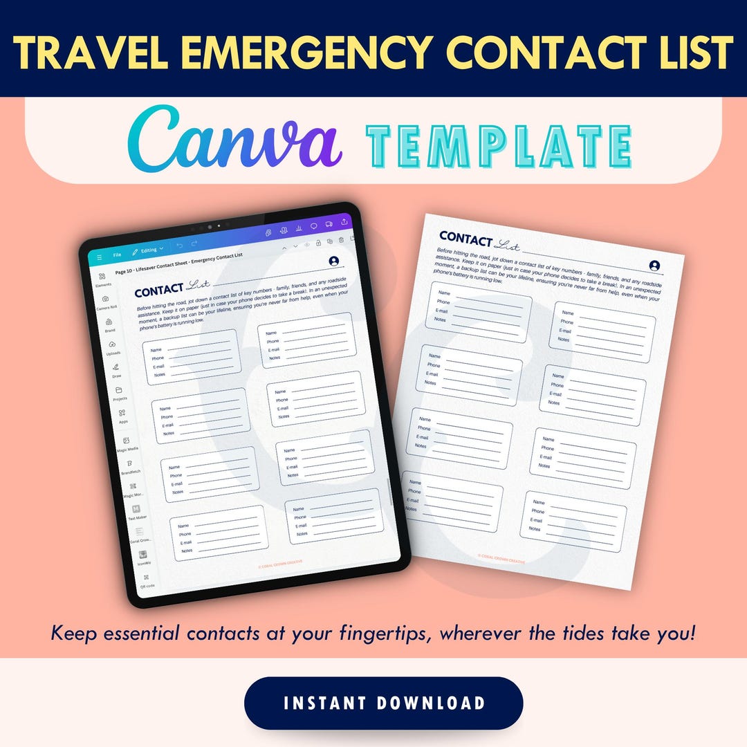 Travel Emergency Contact List | Canva Template | Editable | US Letter ...