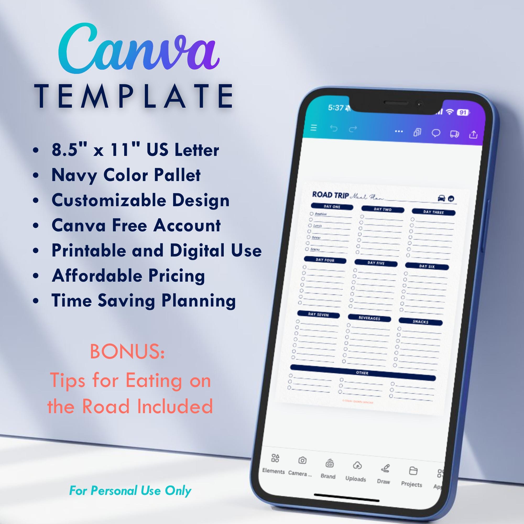 Road Trip Meal Planner | Canva Template | Editable | US Letter ...