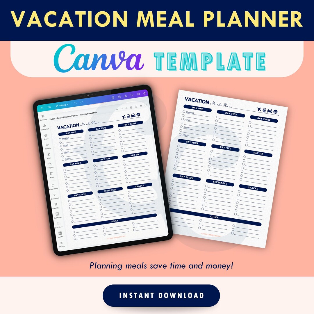 Vacation Meal Planner | Canva Template | Editable | US Letter | Instant ...