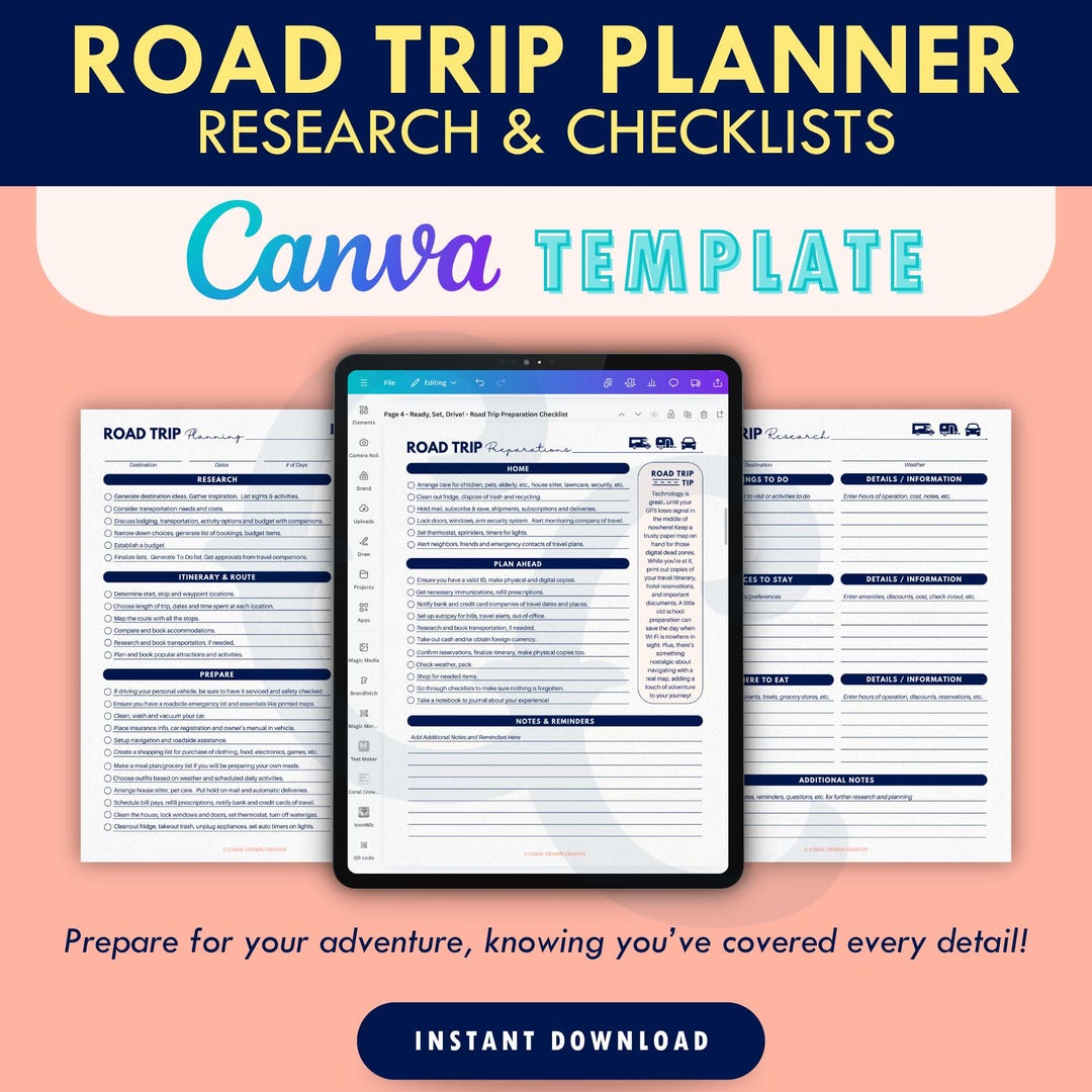 Road Trip Planner (research & Checklists) Canva Template | Editable ...