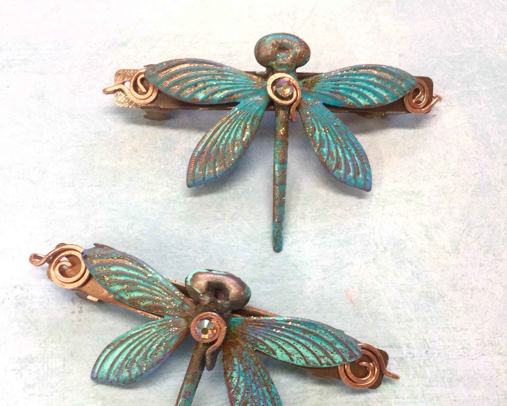 Teal Verdigris Dragonfly Hair Barrette With Swarovski Crystal - Etsy