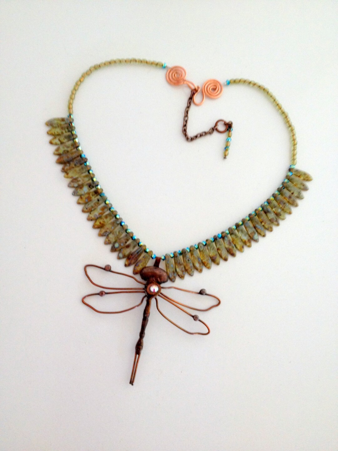 Dragonfly Necklace, Handmade Green Dagger, Copper Dragonfly ...