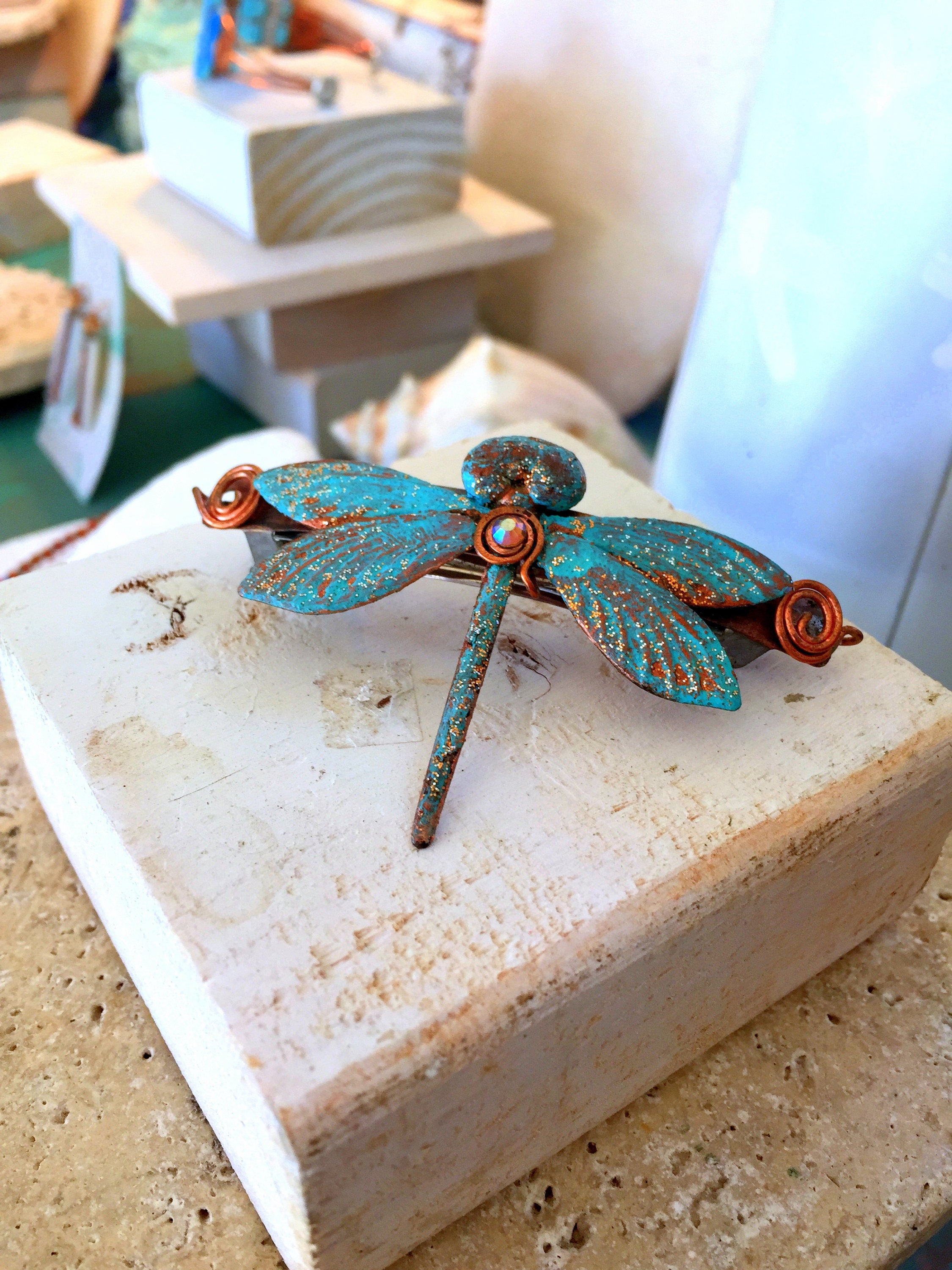 Teal Verdigris Dragonfly Hair Barrette With Swarovski Crystal - Etsy