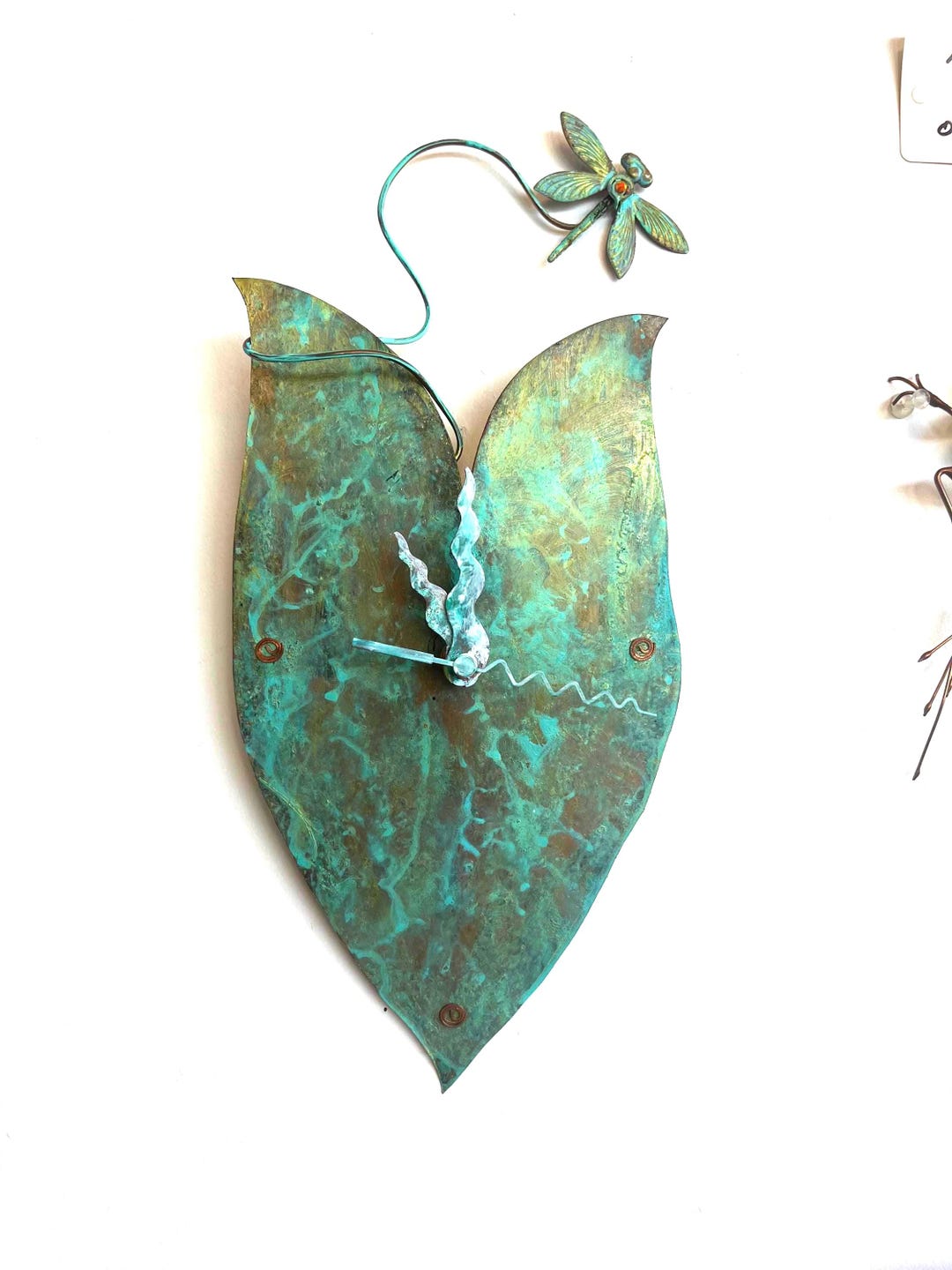 Verdigris Copper Leaf Clock: Handcrafted Nature Theme With Dragonfly - Etsy