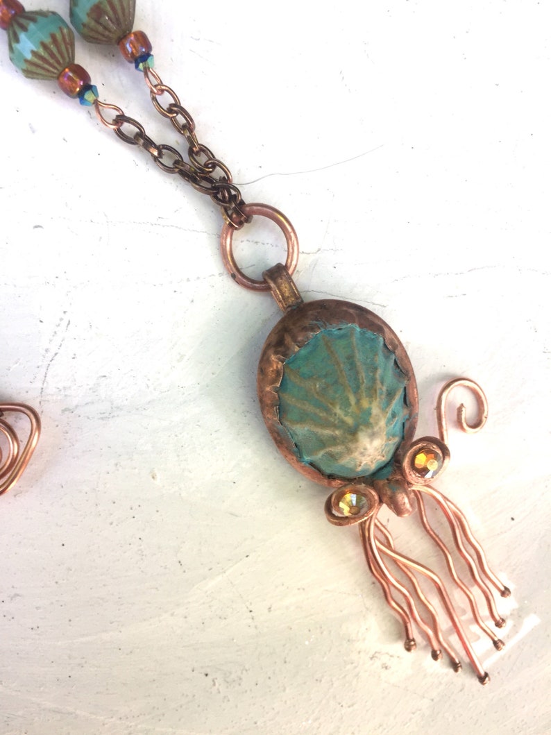 Handmade Squid Pendant, Shell Squid, Beachy Jewelry, Copper, Swarovski ...
