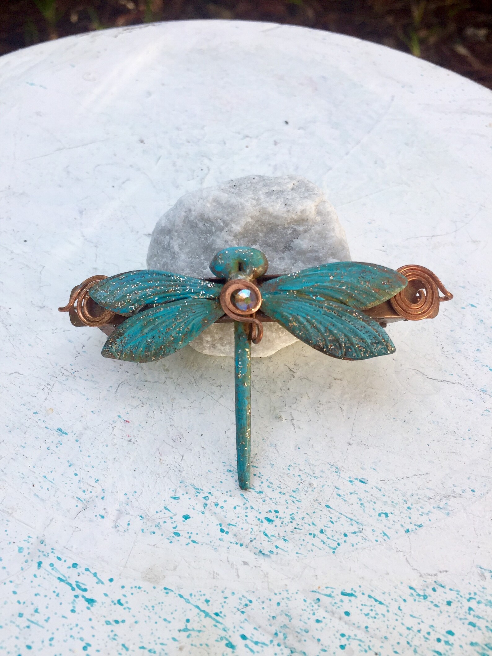 Teal Verdigris Dragonfly Hair Barrette With Swarovski Crystal - Etsy