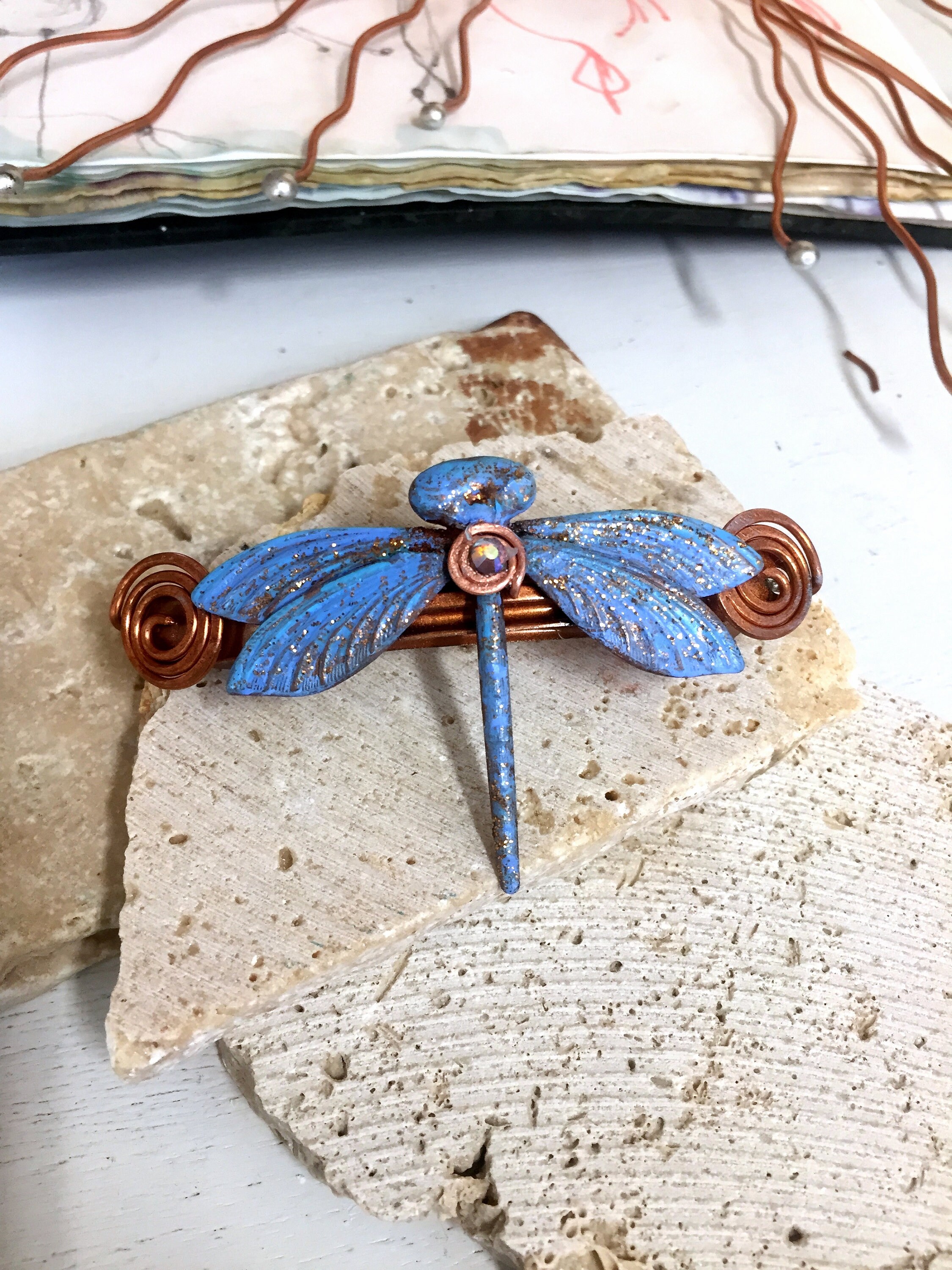 Teal Verdigris Dragonfly Hair Barrette With Swarovski Crystal - Etsy