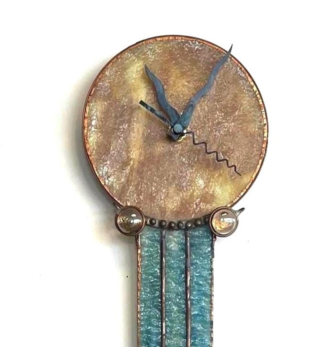 Stained Glass Wall Clock, Teal and Gold Clock, Art Deco Clock, Handmade ...