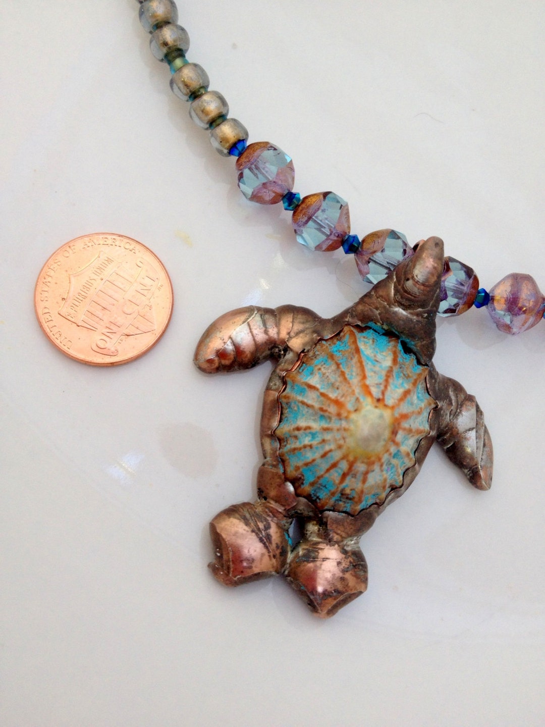 Sea Turtle Necklace, Loggerhead, Shell Pendant, Czech Glass Choker, - Etsy