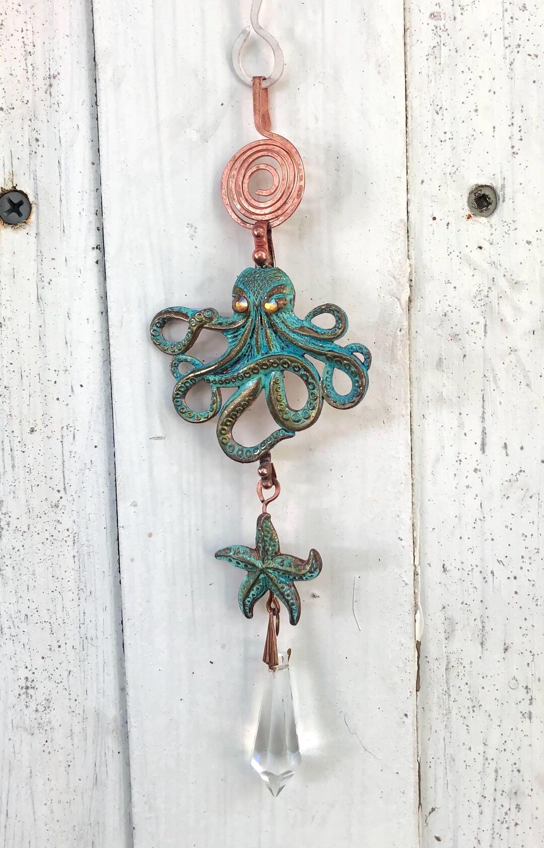 Octopus Suncatcher, Verdigris, Vintage Crystal, Hand Crafted, Hand ...