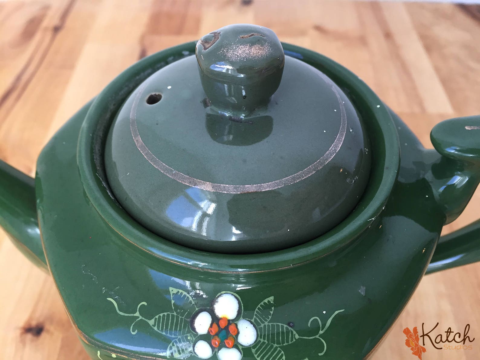 Vintage Green Japanese Ceramic Teapot With Orange and White Floral ...