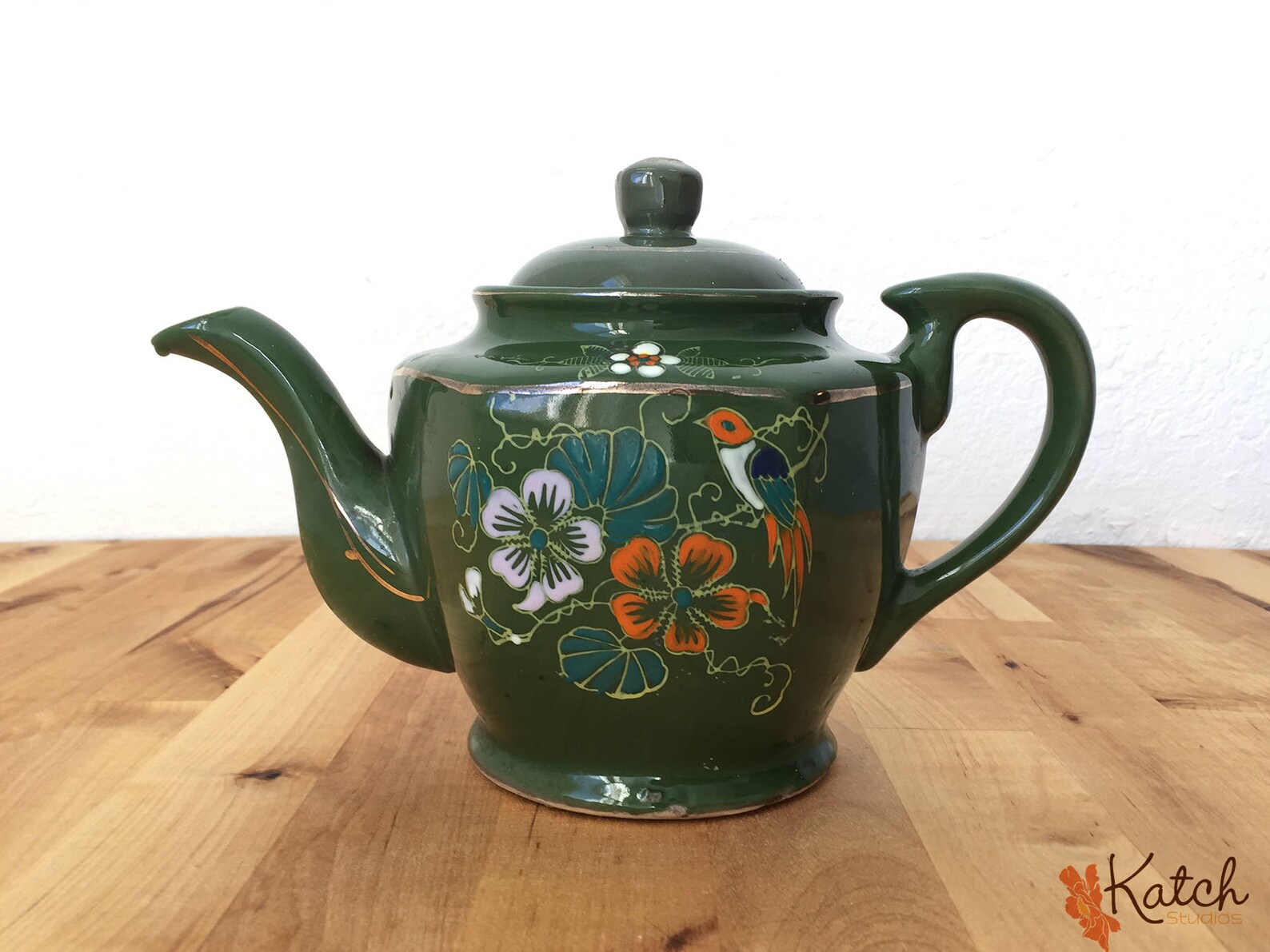 Vintage Green Japanese Ceramic Teapot With Orange and White Floral ...