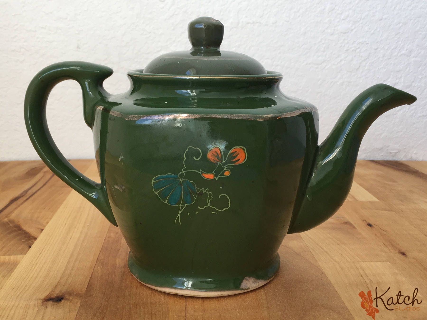 Vintage Green Japanese Ceramic Teapot With Orange and White Floral ...