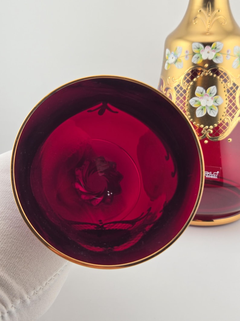 Bohemian Ruby Glass Decanter & Goblet Set | Made Skló Hand-painted Gold ...